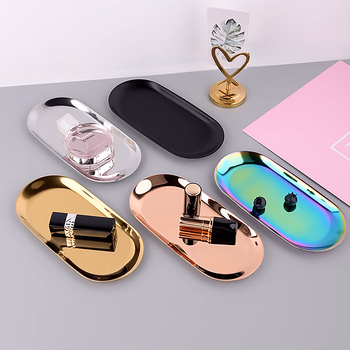 1 Pcs Gold Trinket Tray Oval Stainless Steel Small Serving Trays Towel Storage Dish Plate Tea Fruit Trays Jewelry Plate Decorative Storage Tray (Gold 1pcs, 9 x 3.8 Inch)