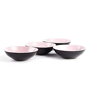 HomeVss Stoneware Two-Tone Colors Life 16pc Dinner Set，Outside Shiny Black + Inside Matte Glaze Rose