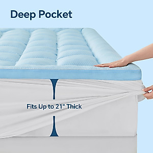 BEDELITE Pillow Top Mattress Topper for Back Pain Relief(1200GSM Down Alternative), Cooling Mattress Topper Queen Size for Hot Sleepers, Extra Thick Quilted Mattress Pad Cover with 8"-21" Deep Pocket