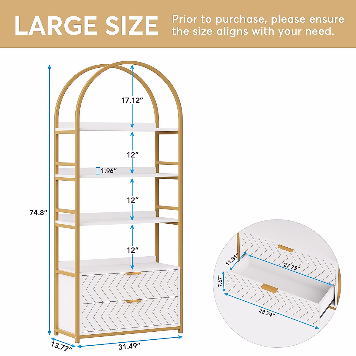 Tribesigns 4-Tier Bookshelf with 2 Drawers, 74.80”H Tall Bookcase 4 Display Shelf Small Place, Free Standing Multipurpose Storage Rack Etagere Book Shelves Tower, Home Office, White, Gold