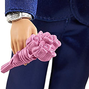 Barbie Ken Doll, Blonde Fairytale Groom with Satiny Blue Suit and 5 Accessories Including Bouquet and Wedding Cake