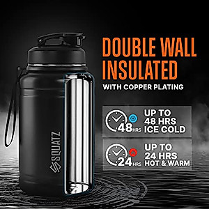 SQUATZ 74 Oz Neptune Series Steel Water Bottle, Stainless Double Wall Vacuum Insulated Jug with Handle Strap, Large Capacity Leak Proof Wide Mouth Thermos for Gym, Travel, Hiking, and Camping