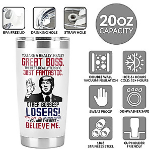Tinasona White Best Boss Gifts for Men Women You’re A Great Boss Tumbler 20 Oz Cup Boss Lady Gifts Birthday Christmas Valentine Gifts for Boss Day Funny Coffee Mug Cup