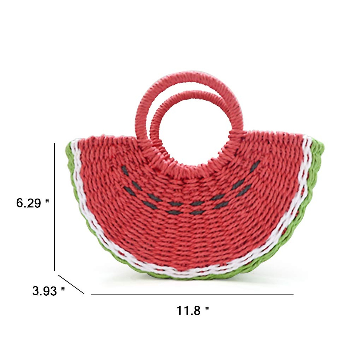QTKJ Semi-circle Rattan Watermelon Straw Handbags, Hand-woven Summer Fruit Shape Beach Straw Bag with Round Handle for Women (Red Watermelon)
