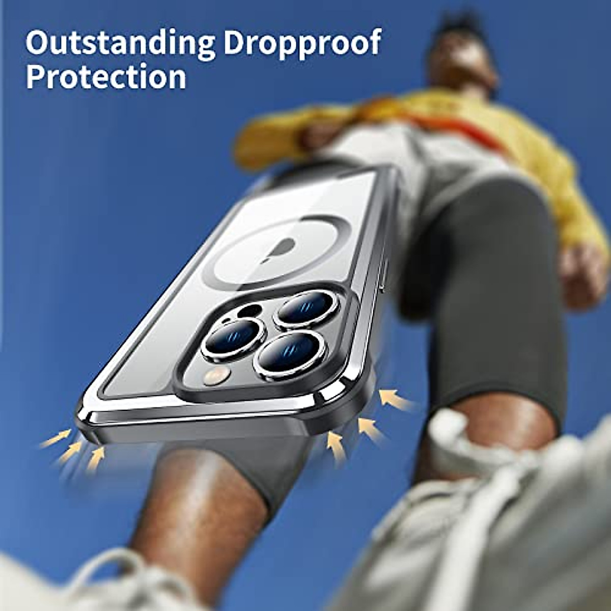 Auleegei Stainless-Frame Metal Magsafe Designed for iPhone 14 Pro case Clear [20 FT Military Drop Protection] Protective Shockproof Bumper with Airbag Case [Non-Yellowing] Cover 6.1 Inch-Silver