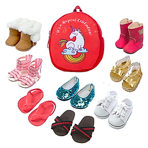 BDDOLL 9 Sets 18 Inch Doll Shoes Accessories fit 18 Inch Girl Doll and Other 18 Inch Doll Including 8 Pairs Shoes with Unicorn Backpack