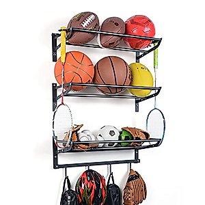 Sunix Garage Sports Equipment Storage, Basketball Rack with 3 Racks, Sports Equipment Organizer Wall Mount Shelf with 4 Hooks for Rackets, Sports Equipment Storage Rack, basketball Rack