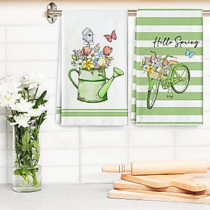 AnyDesign Spring Kitchen Dish Towel Watercolor Gnome Flower Bicycle Truck Dishcloth Green Buffalo Plaids Stripes Hand Drying Tea Towel for Cooking Baking Cleaning Wipes Supplies, 18 x 28 Inch, 4Pcs