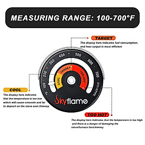 Skyflame Wood Stove Thermometer, Magnetic Chimney Flue Pipe Meter with Large Dial for Keeping Your Wood/Gas/Pellet Stoves from Overheat by Wood Burning