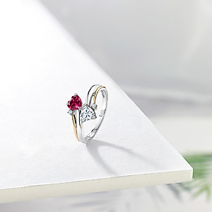 925 Sterling Silver and 10K Yellow Gold Red Created Ruby and Forever Classic Moissanite from Charles & Colvard 2 Heart Engagement Ring For Women (1.12 Cttw, Available In Size 5, 6, 7, 8, 9)