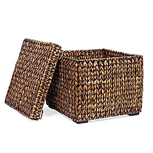 BirdRock Home Storage Cube Box with Lid - Brown Wash Seagrass - Hand Woven Container for Blankets Pillows - Sturdy Metal Frame