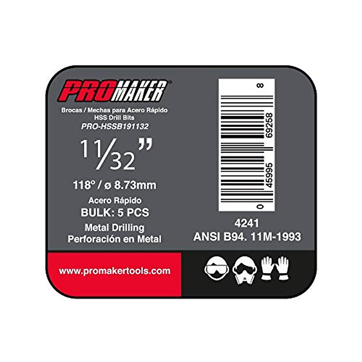 PROMAKER HSS Tip Metal Drill Bits 11/32 inch (5 PCs) for Metal, Steel, Cast Iron, Wood and Plastic 4241 PRO-HSSB191132