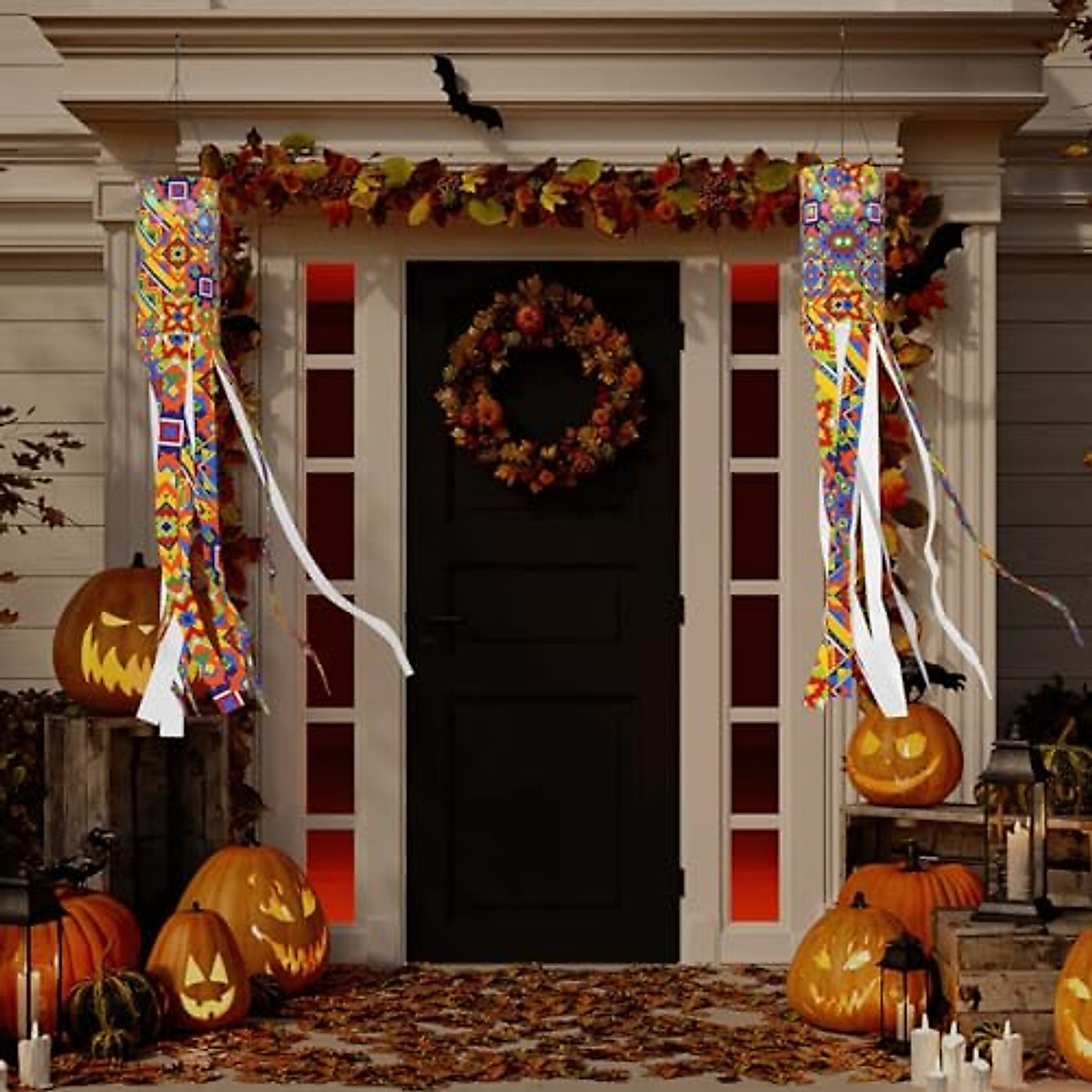 Mosaic-Ceramic Tile Pattern Halloween Windsocks Flag 40 Inch Flag Wind Socks Outdoor Hanging Decoration Halloween Decorations Halloween Decor Outdoor for Home Yard Patio with Led Light