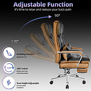 SeekFancy Reclining Office Chair with Footrest O203, Big and Tall Office Chair 500lbs Wide Seat with 170° Backrest, High Back Large Executive Office Chair Lumbar Support，Black Leather Managerial Chair