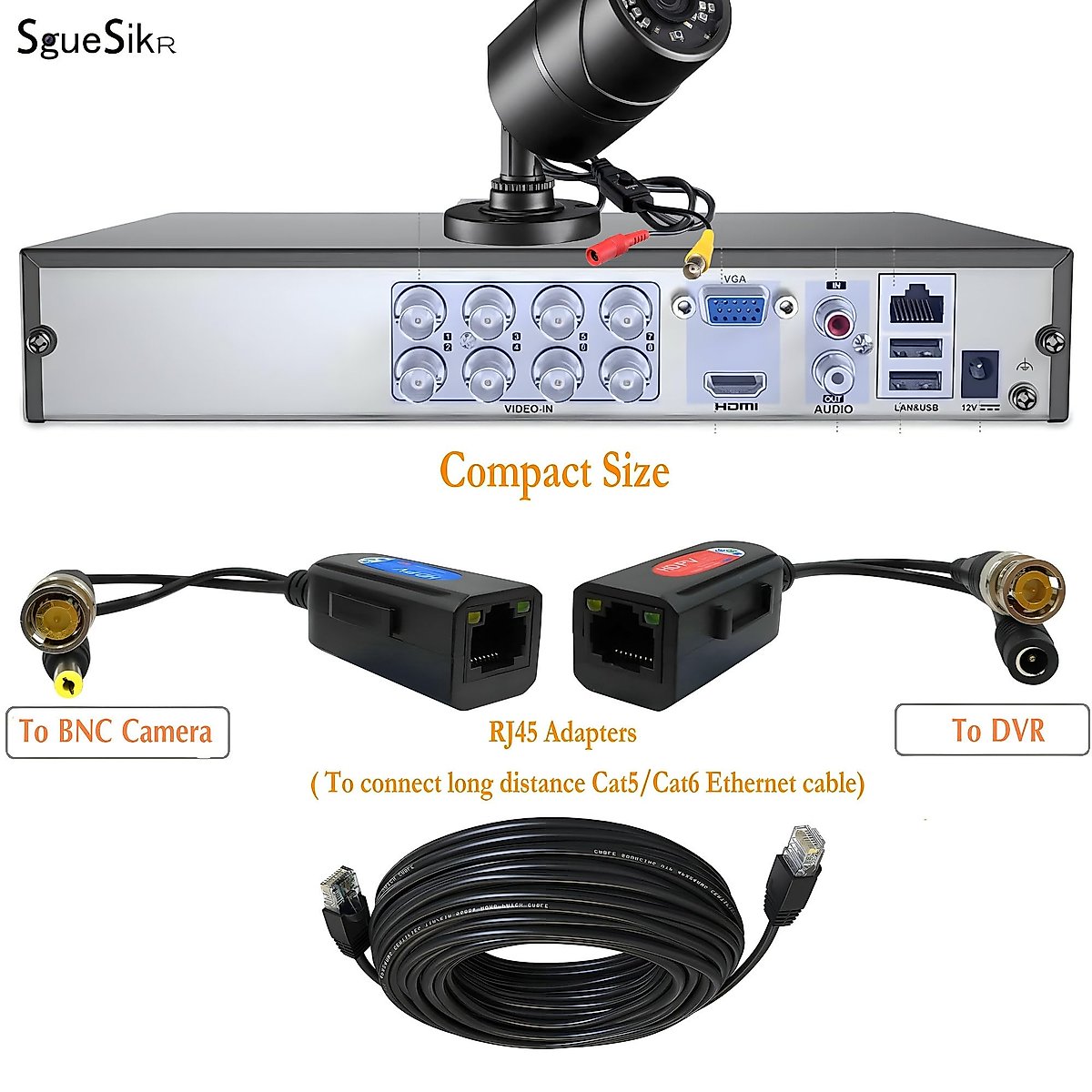 SGUESIKR 4 Pair BNC to RJ45 Passive Video Balun with Power, Cat5e/Cat6 to BNC Adapter, 1080P-8MP Analog Surveillance Camera Ethernet Cable Transceiver - Compact, Ground-Loop Isolated