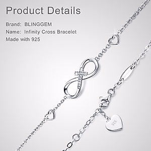 BlingGem Bracelet for Women Infinity Cross 925 Sterling Silver Cubic Zirconia Religious Cross Infinity Love Charm Bracelet Birthday Jewelry Gifts for Women Wife