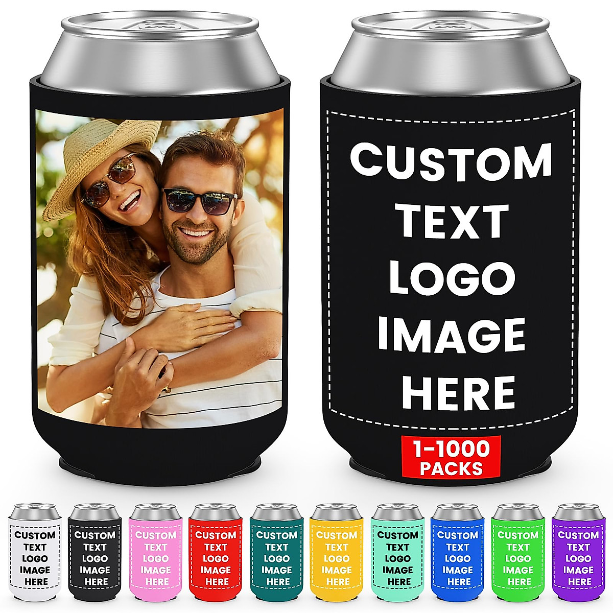 Custom Neoprene Can Cooler Sleeve Bulk Personalized Insulated Drink Holder for 12 Oz Cans and Bottles Wedding Bridal Shower Beach Decorations Birthday Party Favors, Black