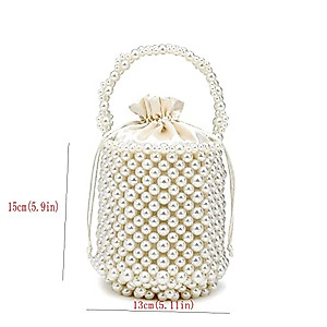 DJBM Women Handmade Beaded Handbag Bucket Handbag Artificial Pearl Clutch Bag for Party Wedding