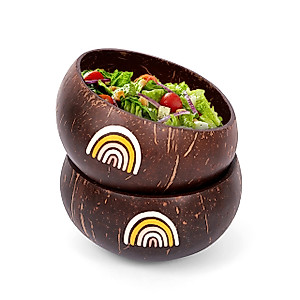 Coconut Bowls Set of 2 – Rainbow Design Wooden Bowls With Bamboo Straws, Wooden Forks & 2 Spoons – Natural Hand Carved Coconut Shell Bowl… (2, Rainbow)