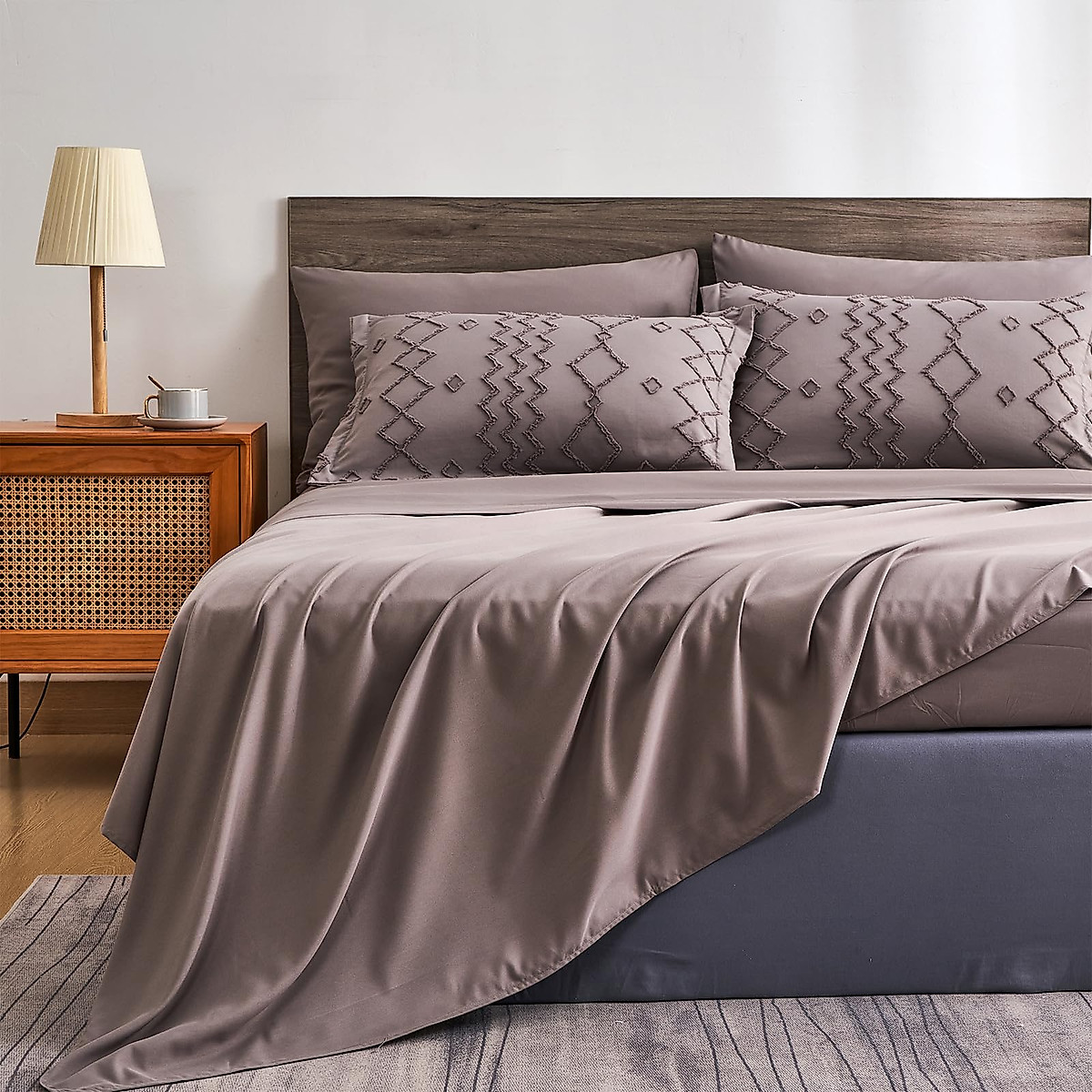 FLYMME Taupe Tufted Twin Comforter Set Bed in a Bag 7 Piece,Boho Shabby Chic Farmhouse Bedding Comforter with Sheets,Soft Lightweight Geometric Embroidery Comforter (Taupe, 68''x 86'')