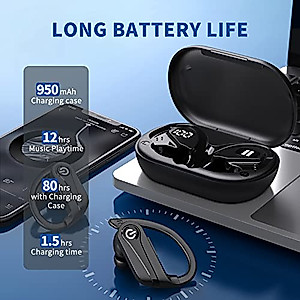 Wireless Earbuds Bluetooth Ear Buds with Mic, 72H Wireless Headphones Bluetooth 5.3 Sport Earbuds Digital LED Display, IPX7 Waterproof Over Ear Earphones with Hooks for Sports Running Workout Gym