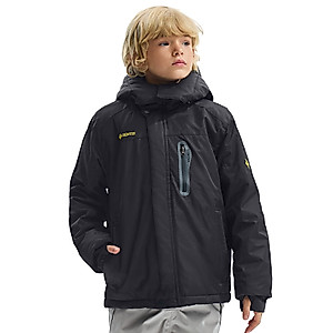 GEMYSE Boy's Waterproof Ski Snow Jacket Hooded Fleece Lined Windproof Winter Jacket (Black,10/12)