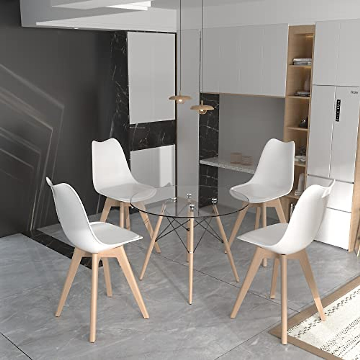 Echoamo 5-Piece Glass Dining Table Set, Compact Mid-Century Modern Round Table & Chair Set, Dining Table Set for 4, Round Dining Table with 4 Chairs for Kitchen, Dining Room, Space-Saving