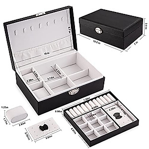 Mens Jewelry Box Watch Case Watch Holder Watch Organizer for Men 2 Layers Travel Jewelry Box Organizer with Lock Travel Jewelry Case PU Leather Jewelry Storage for Watch Necklace Ring Earring (Black)