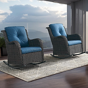 Rilyson Patio Chairs Outdoor Rocking Chair - 3 Piece Wicker Patio Bistro Set Rattan Patio Furniture Rocker Chairs and Side Table for Porch Deck Backyard Garden(Brown/Blue)