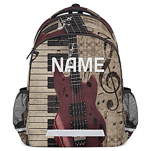 OMFUNS Vintage Piano Custom Name School Backpack for Boy Girl Teen Guitar Music Note Personalized Student Bookbag for Primary Junior College Customized Laptop Backpack for Men Women