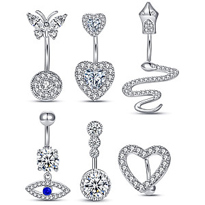 Akeoqi 14G Belly Button Rings for Women Dangle Cute Snake Round/Love Heart Devil Heart Clear Cubic Zirconia Navel Rings Body Piercing Jewelry Pack
