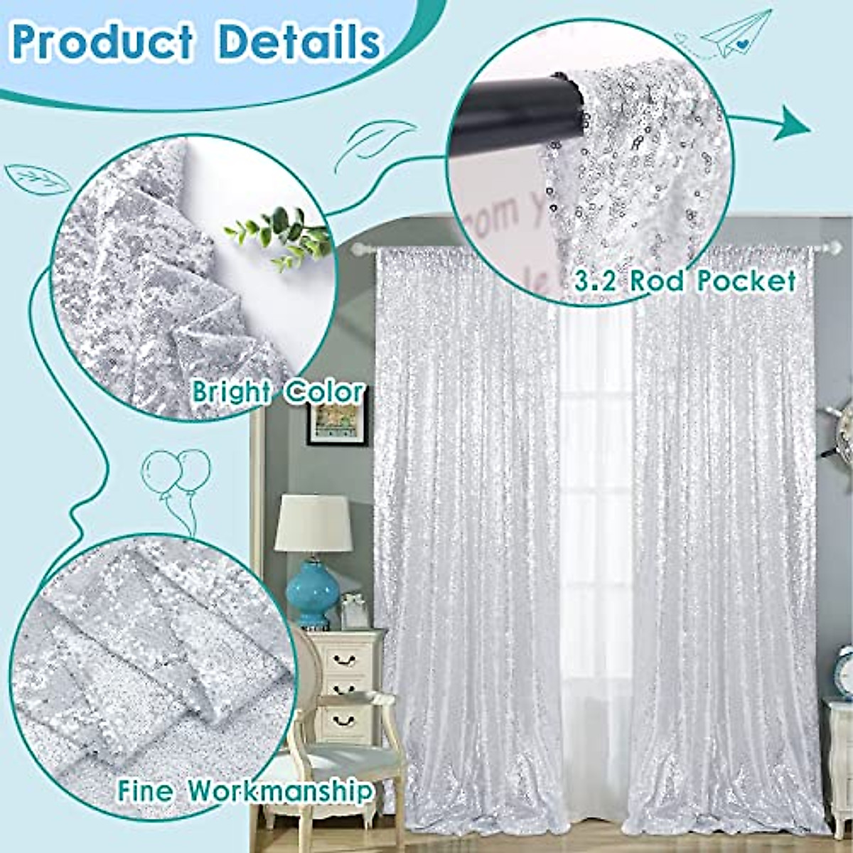 Trlyc Glitter Sequin Backdrop Curtains for Wedding Party Decor (2 Panels, W2 x H8FT,Sliver)