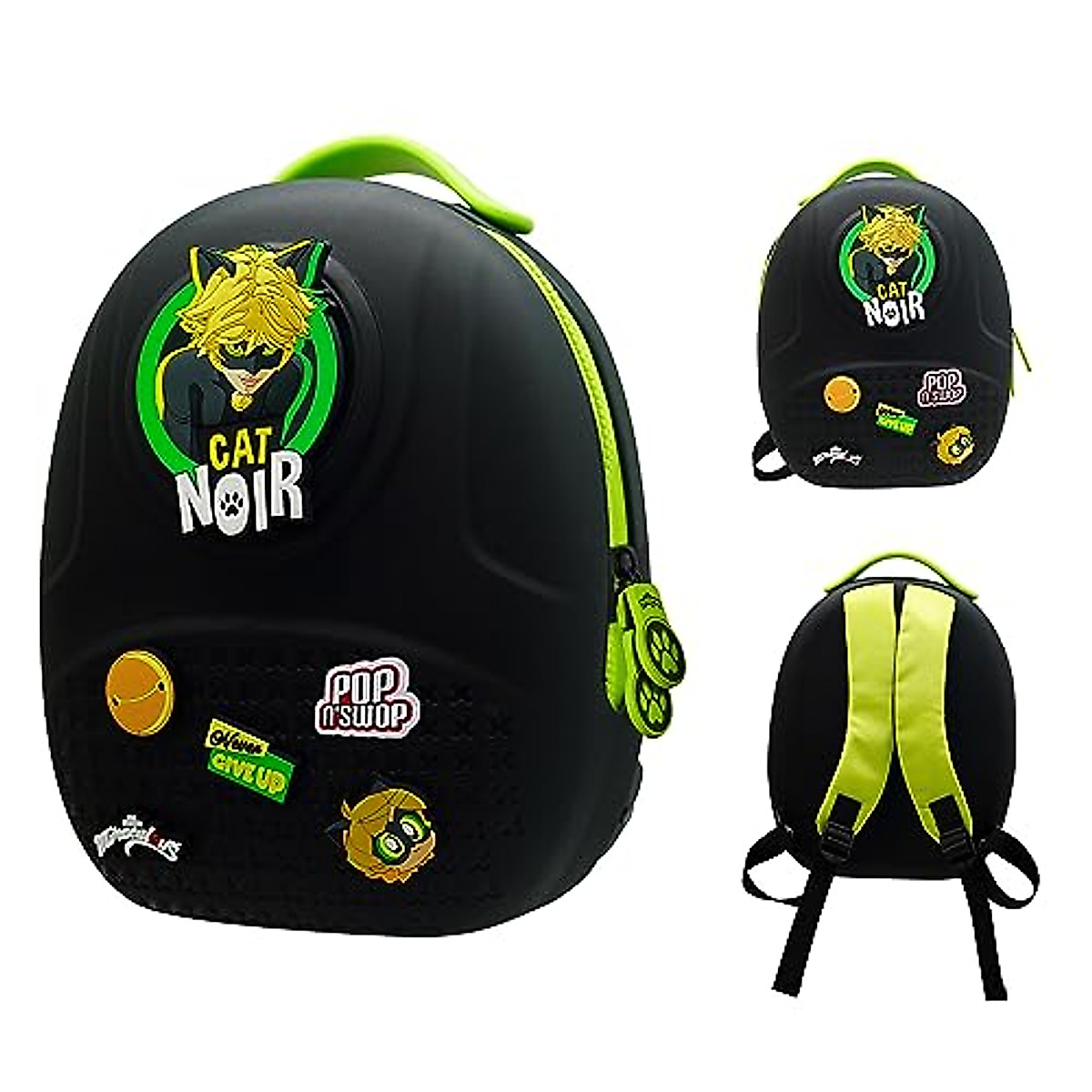 Miraculous Ladybug - Pop n' Swop Cat Noir Black Backpack with Green Handle, 6 Clip-on Badges and Zipper, Lightweight Durable Waterproof Bag with Adjustable Straps (Wyncor)