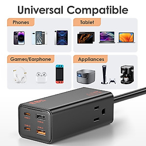 EBL 65W Wall Charger with USB C Charger, 6-in-1 Port GAN Fast Charger (2 Hours Charging) Power Strip for Smartphone, Tablet, Home More