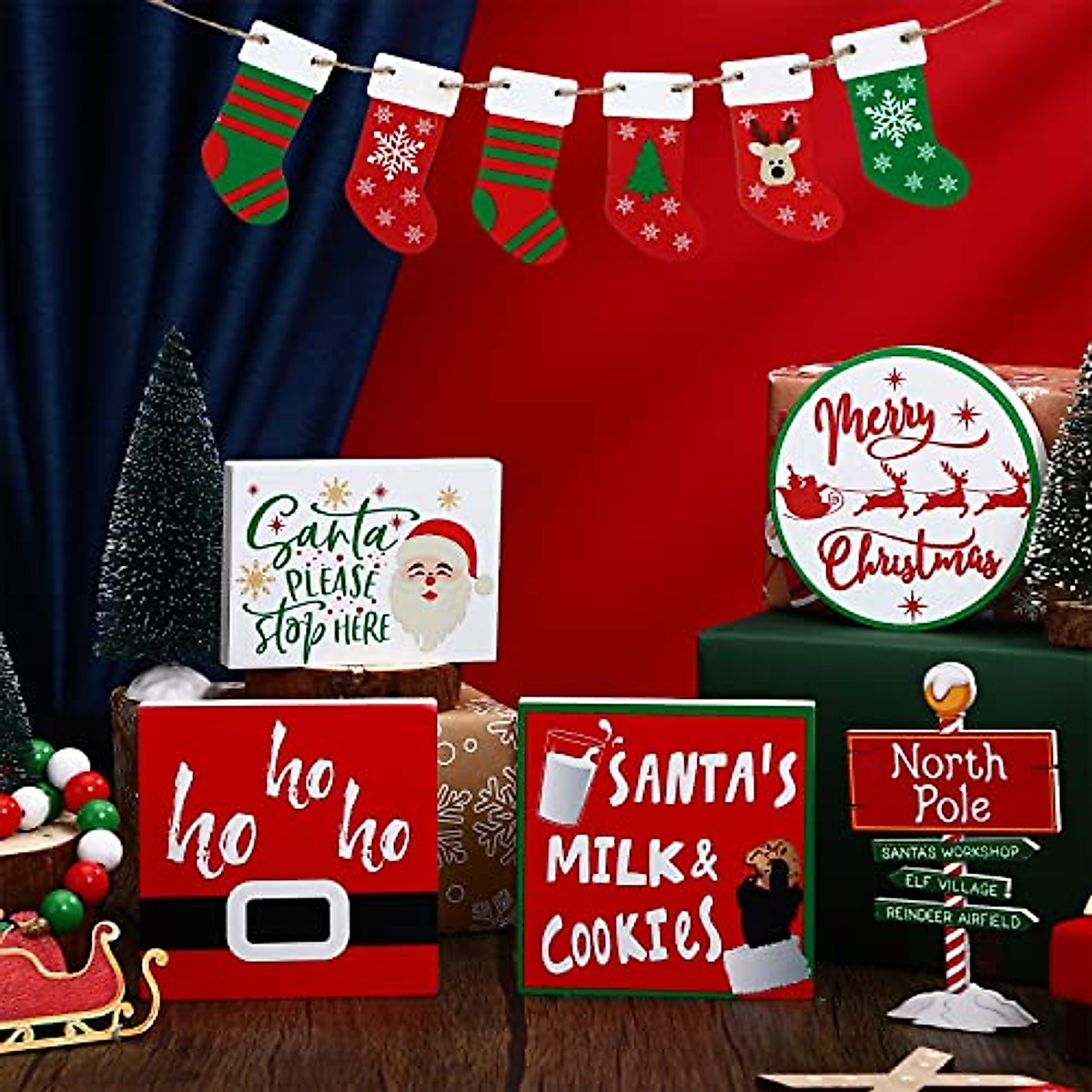 12 Pieces Christmas Tiered Tray Decor Christmas Santa Claus Table Decor Rustic Table Centerpiece Christmas Wooden Signs Farmhouse Tiered Tray Country Decor for Home Room Table Fireplace (Santa Claus)