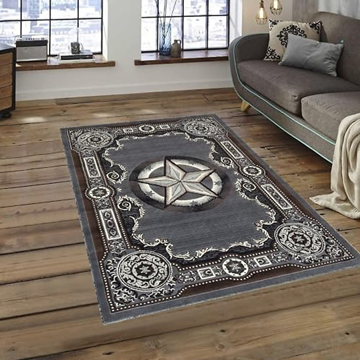 champion rugs Premium 3D Effect Hand Carved Thick Modern Cowboy Lodge Texas Star Grey Traditional Area Rug (5' 3" X 7' 5")