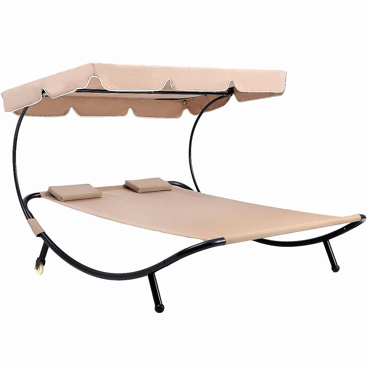Grepatio Double Chaise Lounge Bed with Adjustable Canopy Outdoor Lounger Bed with Wheels Large Patio Hammock Daybed with 2 Pillow for Garden, or Poolside Sun Room