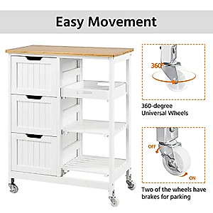 Yaheetech Kitchen Island Cart on Wheels with 3 Drawers and 3 Open Shelves, Rolling Kitchen Island Coffee Bar Trolley with Bamboo Countertop, Removable Tray & Lockable Casters for Dining Room, White