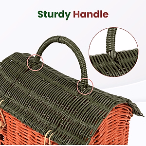 KOLWOVEN Rattan House Storage Basket with Lid - Mouse in a Box House- Small Doll house- Decorative Hand Woven Shelf Organizer Cute Handmade Handcrafted Gift Decoration Artwork Wicker (Moss green)