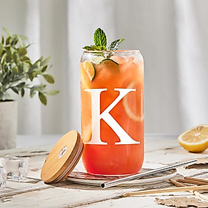 Elysine Initial Glass Cup 16oz, Monogrammed Gifts for Women, Glass Can Cup w/Bamboo Lid Straw,Personalized Valentines Mother Day Birthday Gifts for Women, Mom, Wife, Girlfriend, Sister, Friends (K)