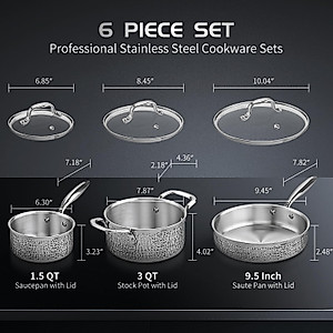 Aufranc Stainless Steel Pots and Pans Set with Glass Lid, 6pcs Hammered Cookware Set, Kitchen Induction Cooking Pot and Pan Set Suitable for All Cooktops, Oven & Dishwasher Safe, Non-Toxic (Silver)