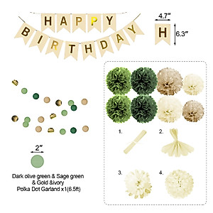 Lasocy Sage Green Happy Birthday Party Decorations Sage olive green Gold Retro Green Balloons Nude Happy Birthday Banner Neutral Rustic Botanical Greenery Décor Supplies for Women Girls Baby