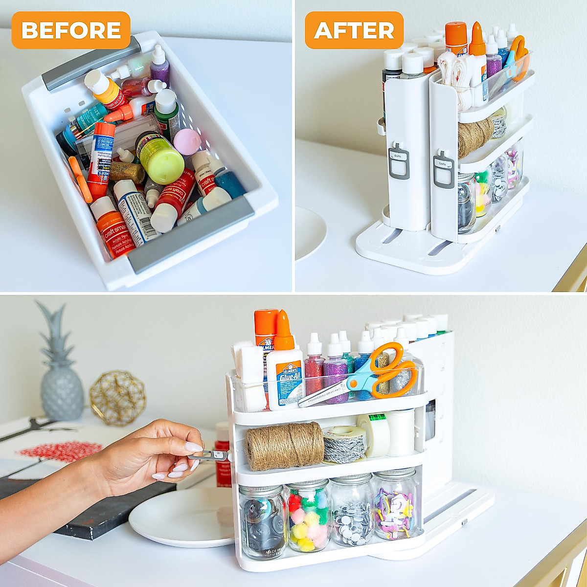 Cabinet Caddy SNAP! (White | Pull & Rotate Spice Rack Organizer| 3 Snap-In Shelves Adjust for 5 Levels of Storage | Magnetic Modular Design | Non-Skid Base | 8.9”H x 6.1”W x 10.8”D