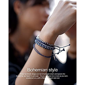 Mezcla Vida Bohemian Starfish Charm Silver Zinc Beaded Waterproof Rope Surfing Bracelets Sets For Women Teen Girls, Beach Handmade String Jewelry (GREY-BLUE)