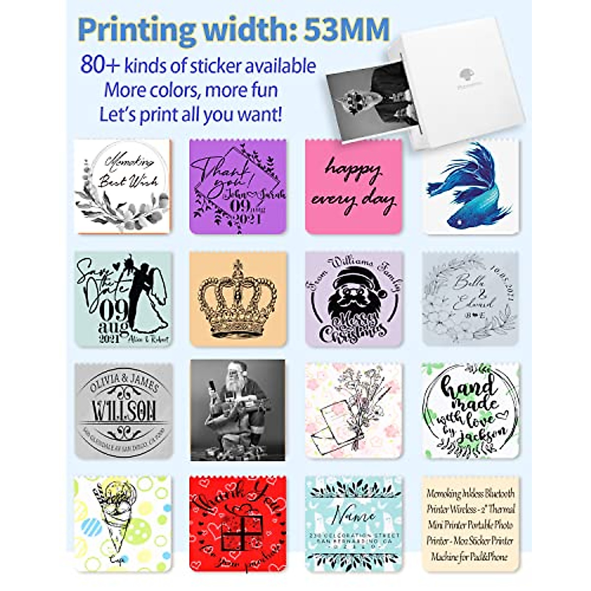 Memoking M02 Sticker Printer Machine - Study Buddy Printer, 2" Mini Thermal Printer for Pad&Phone, Inkless Bluetooth Printer Wireless, Sticker Maker Machine Printer for DIY,Study Notes,Photo Album