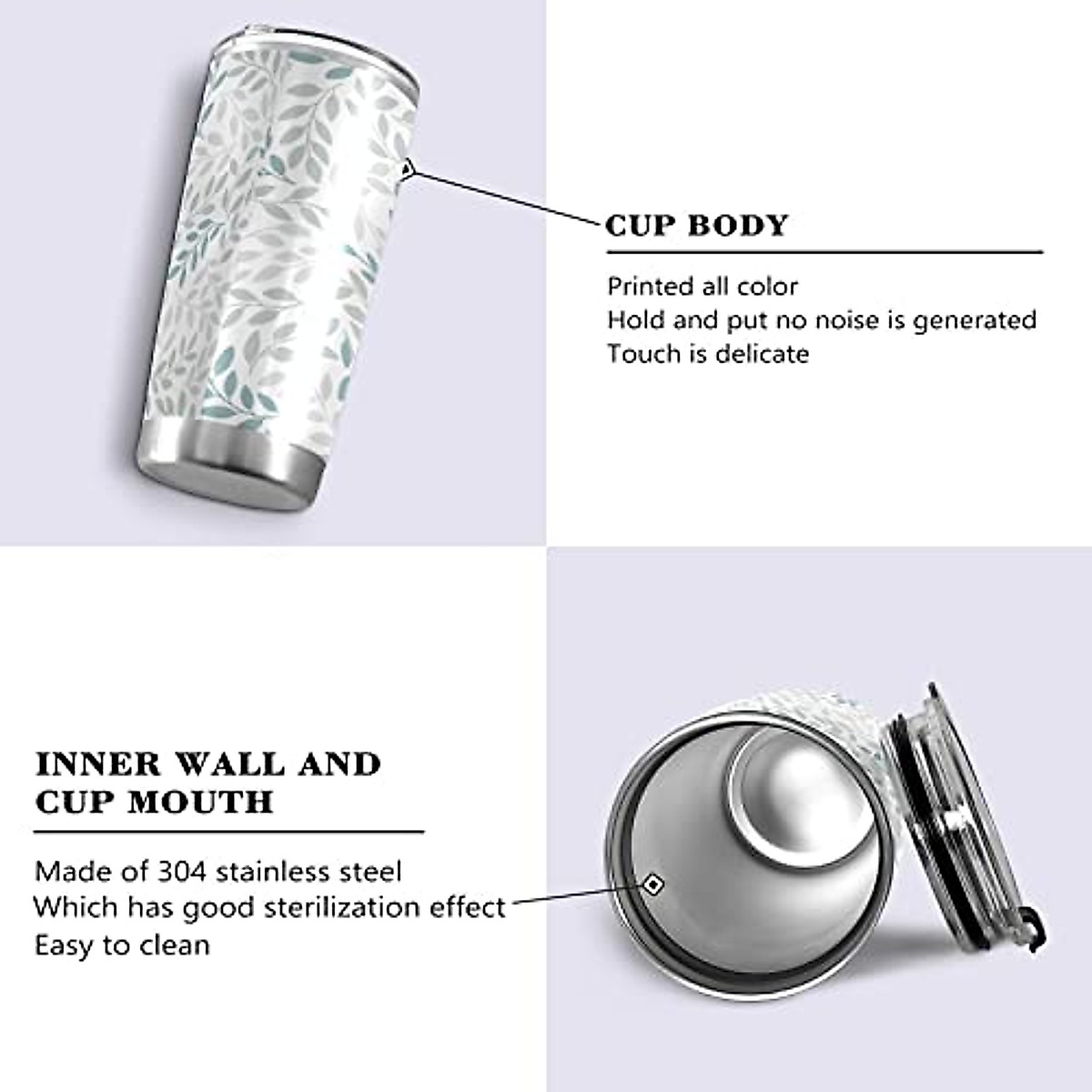 Blue Gray Leaves Branches Stainless Tumbler Insulated Coffee Cups with Lid and Straw Travel Mug for Hot and Cold Drinks 20oz