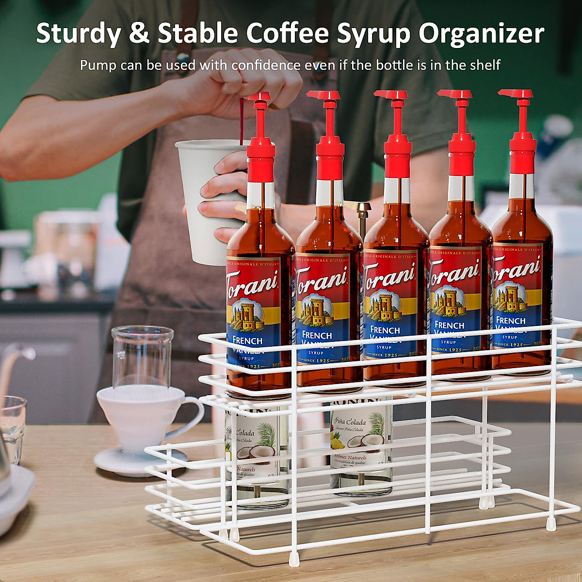 eipizx Coffee Syrup Organizer 2 Tier Syrup Bottle Holder Rack for Coffee Bar 10 Bottles White Wine Bottle Rack Coffee Syrup Stand Shelf for Syrup, Wine, Coffee Bar Organizer for Kitchen Coffee Shop