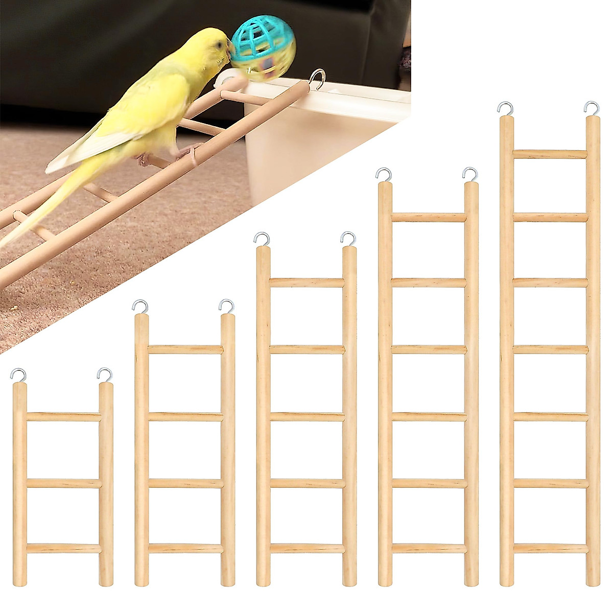 YHNTGB 5pcs Wooden Bird Ladder for Parrots Cage 5 Basic Sizes Perch Parakeet Climbing Toys Hanging Pet Natural Step Cockatoo Lovebirds
