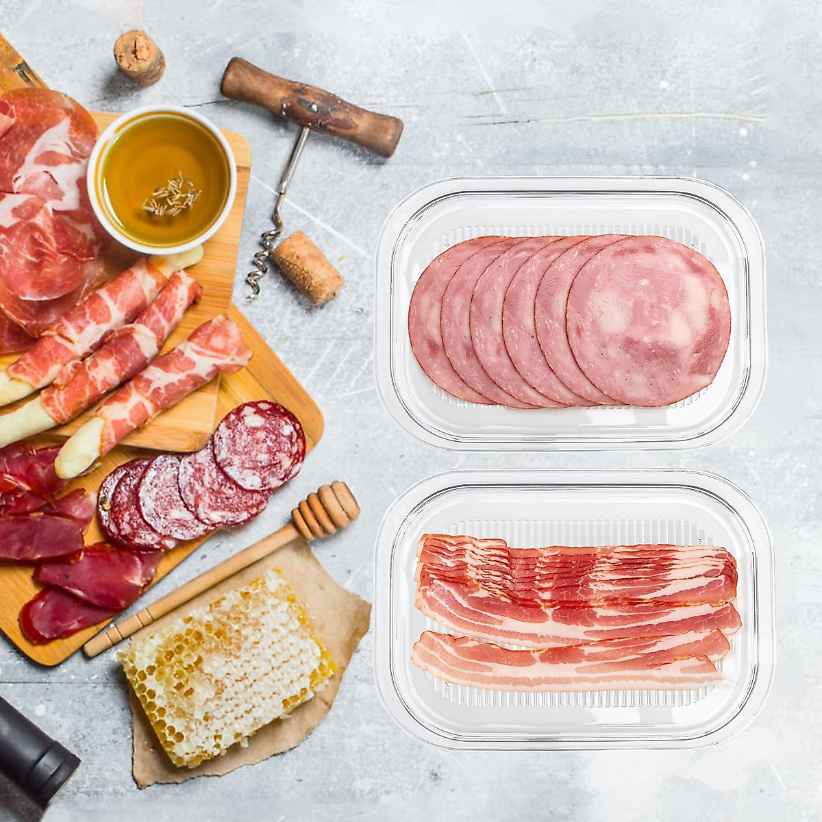 BuleVina Triple Layer Deli Meat Container Set for Fridge, 1.6L BPA-Free Cold Cut Storage with Lid 3 Tier Food Organizer Saver Refrigerator for Cheese, Ham, Sandwich, Lunch, Stackable, Airtight