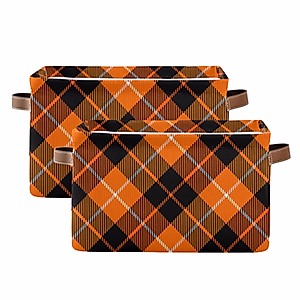 NFMILI Orange Black Plaid Storage Basket, Fabric Storage Cubes Bins, Open Home Storage Bins with Handle 14.2 x 10.2 x 8.3 in